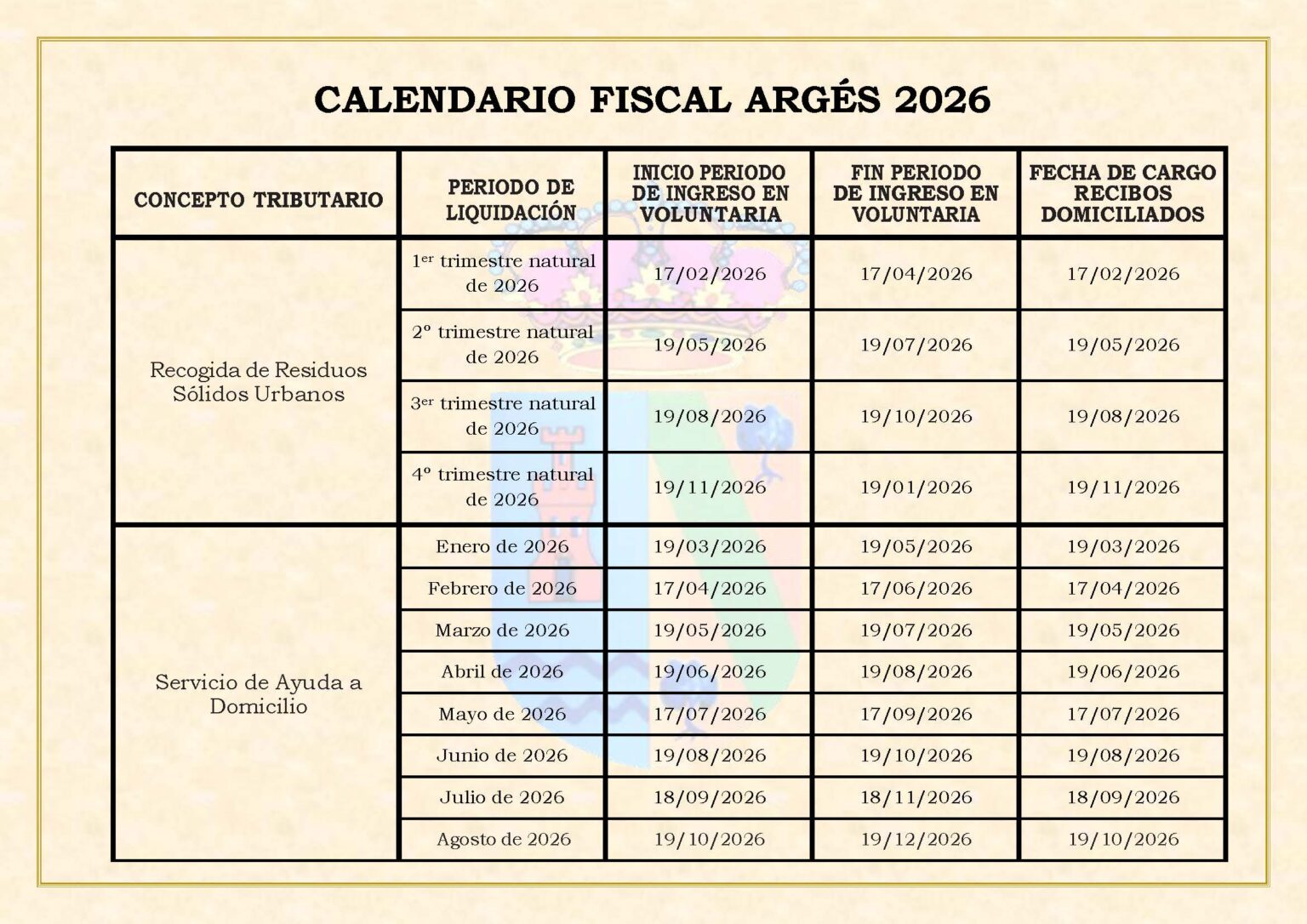Calendario Fiscal 2026 - Ayuntamiento Arges